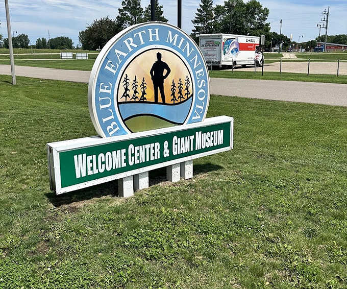 The Blue Earth welcome sign leaves no doubt about the town's famous resident, proudly announcing the home of this beloved agricultural icon.