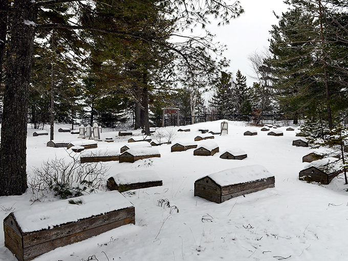 Snow blankets the spirit houses in winter, creating a hushed landscape where time seems suspended between worlds.