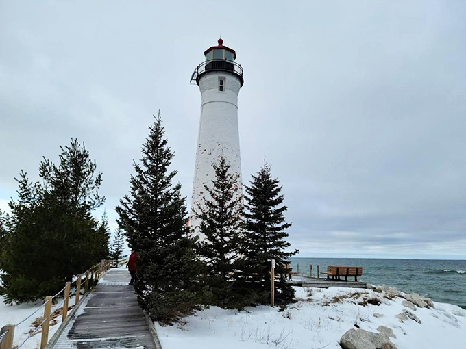 Winter transforms Crisp Point into a snow-globe scene, where brave visitors are rewarded with solitude and crystalline beauty.