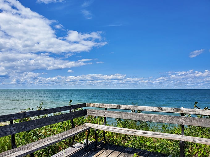 Nature's observation deck! This weathered wooden platform offers contemplative souls a front-row seat to Lake Huron's ever-changing moods.