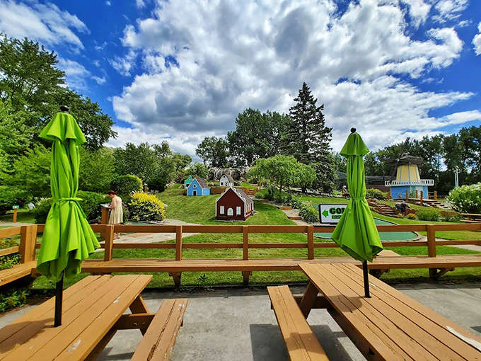Picnic tables with prime views of the mini golf action make the perfect spot to enjoy treats and sunshine.