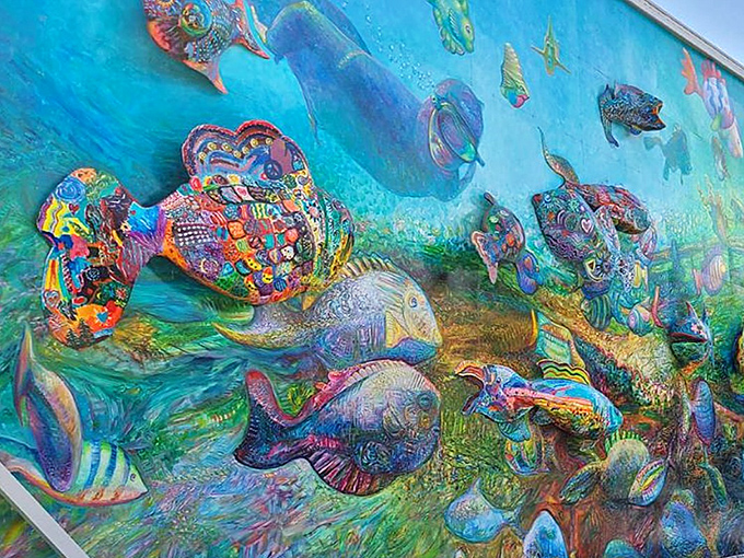 The dimensional effect creates a genuine sense of depth, as if the brick wall dissolved into an actual aquarium that continues beyond sight.