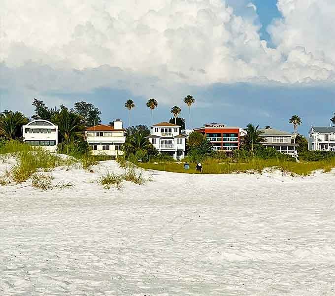 Beach Dunes Facing North End Homes: The million-dollar backdrop to Bean Point's natural stage &ndash; island homes nestled behind protective dunes and swaying palms.