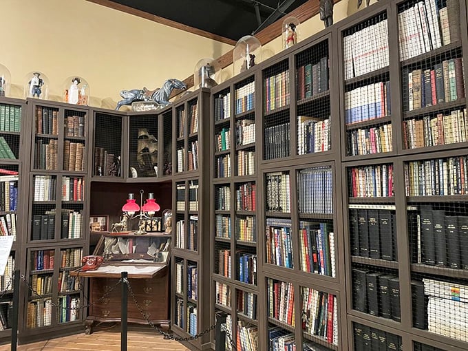 This ornate music room houses a collection of instruments that would make any orchestra envious, bathed in chandelier light.