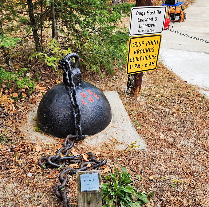 This massive buoy weight, now permanently anchored on land, once helped navigational markers stay put in Lake Superior's notoriously temperamental waters.