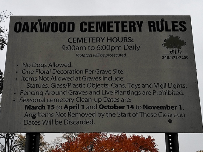 Even in death, there are rules! This sign reminds visitors that respect is paramount when exploring this historic ground.