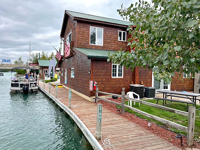 This rustic boardwalk leads to waterfront businesses that have mastered the art of lake life &ndash; where cedar shakes and weathered wood frame perfect views.