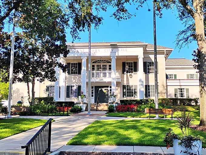 Mount Dora's City Hall exudes Southern grandeur with its white columns and manicured grounds, a picture-perfect civic centerpiece.