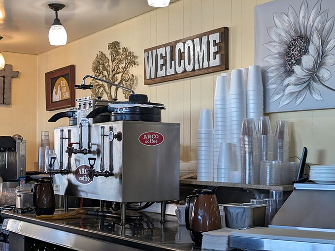 The coffee station stands ready to keep your cup filled, because good breakfast places understand coffee isn't optional.