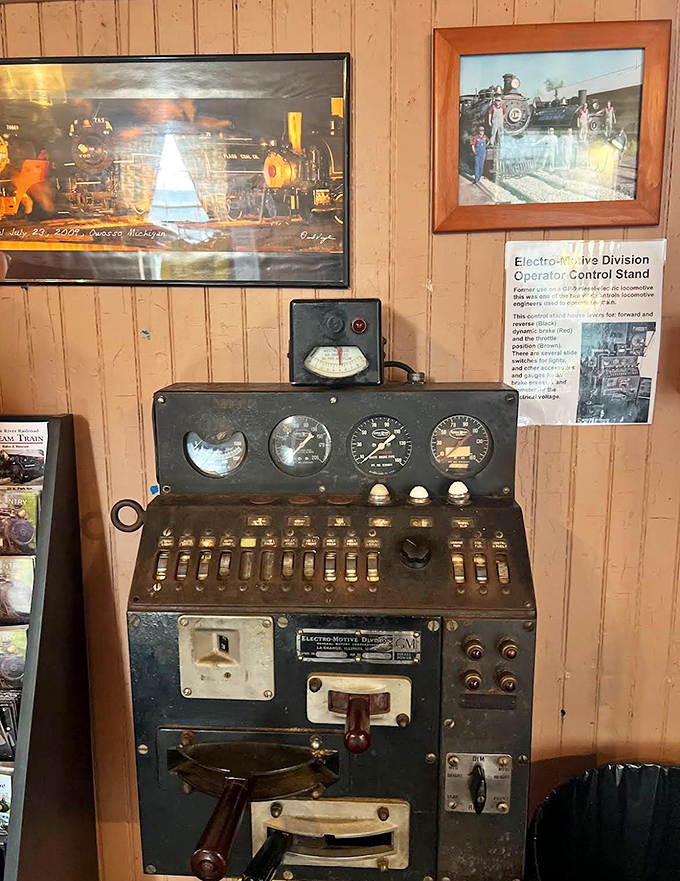 This control stand display reveals the complex ballet of levers and gauges that transformed raw power into controlled locomotion.
