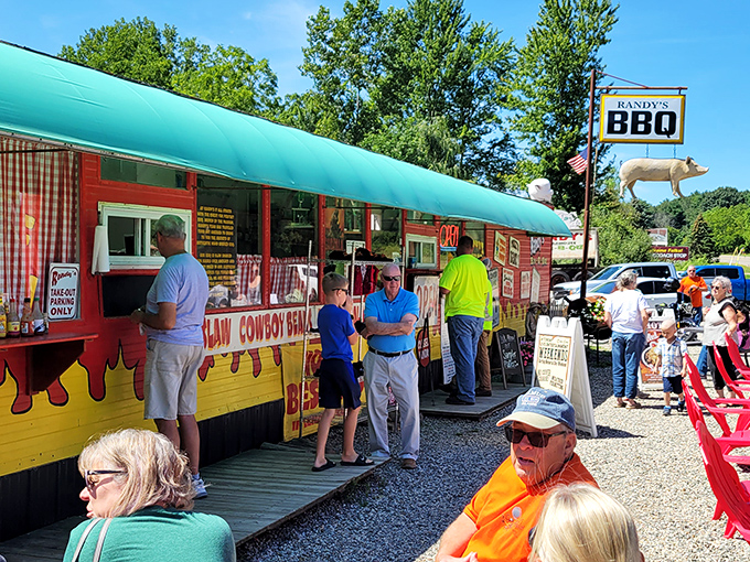 Happy customers lining up for their barbecue fix – the universal expression of anticipation that comes before meat-induced euphoria.