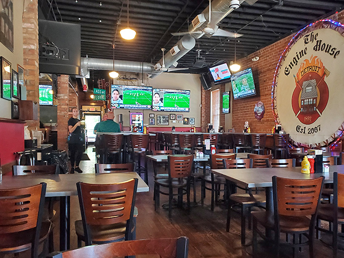 The dining area balances casual comfort with historic charm &ndash; those exposed ducts and brick walls have stories to tell.