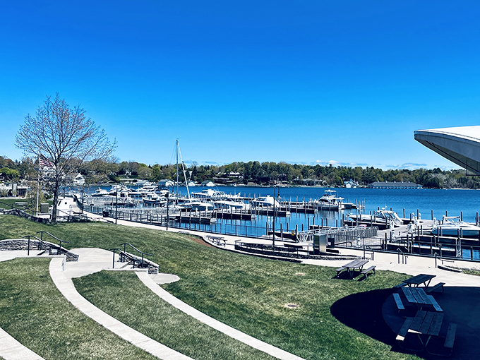 East Park's amphitheater and green spaces transform downtown Charlevoix into a community living room where locals and visitors mingle.