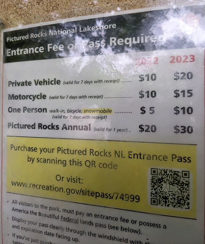 The entrance fee sign reminds us that even paradise has operating costs, but at these prices, it's still the best show in town.