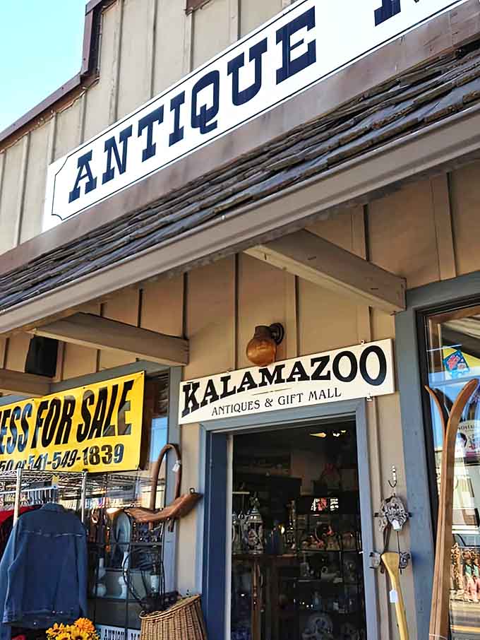 The Kalamazoo Antiques Mall entrance promises adventure – like Indiana Jones for people whose idea of danger is overspending on vintage teapots.