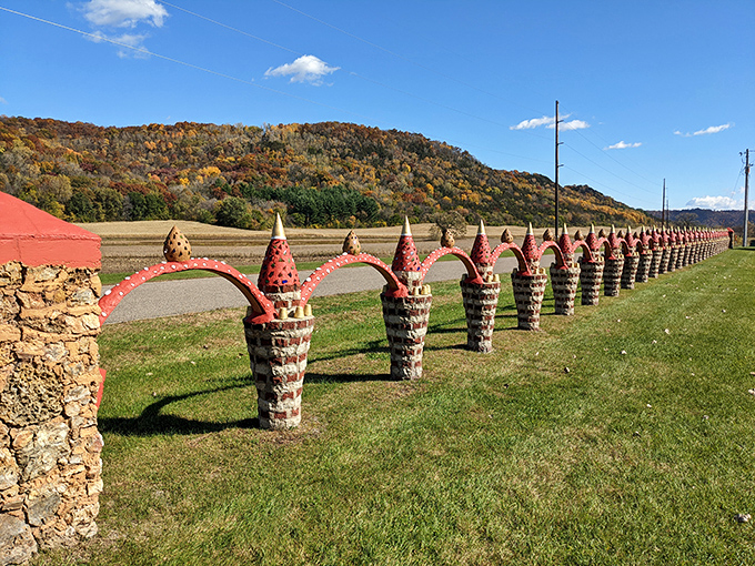 A parade of stone pillars connected by arches marches across the landscape, like a miniature aqueduct built by very imaginative Romans.