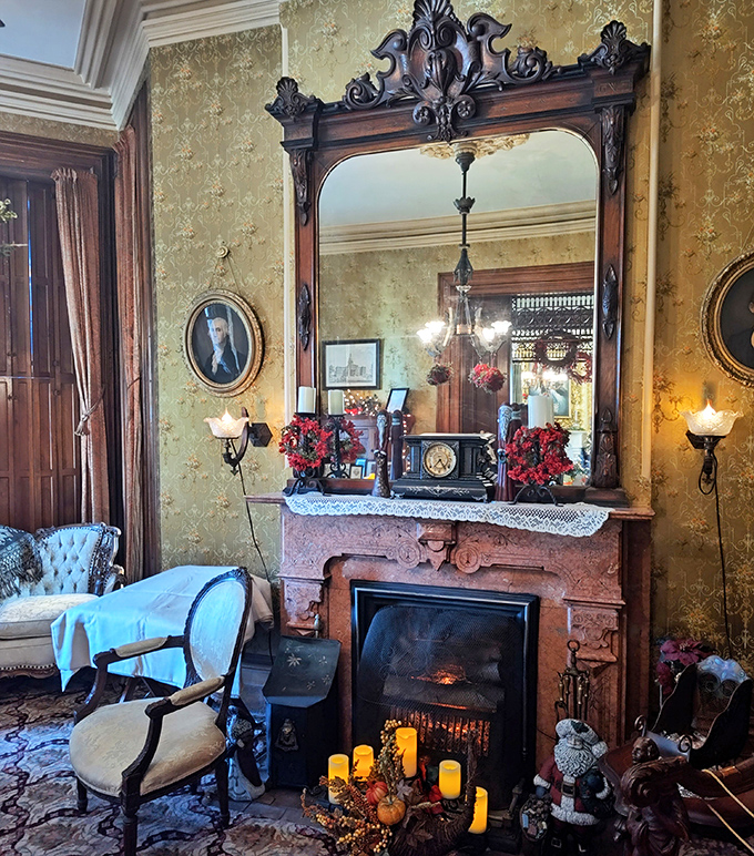 Fireplace elegance that made central heating look boring – when your heat source doubled as the room's artistic centerpiece.