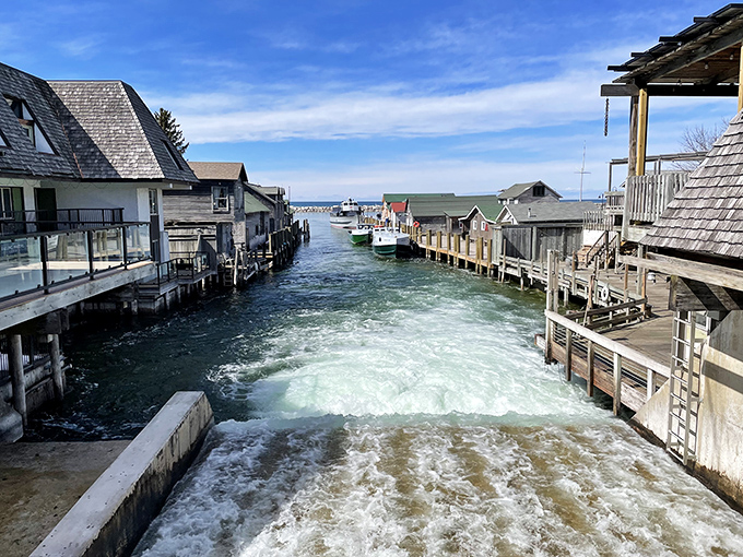 Fishtown from above reveals its charming chaos, a collection of buildings that grew organically rather than being planned by some committee with clipboards.