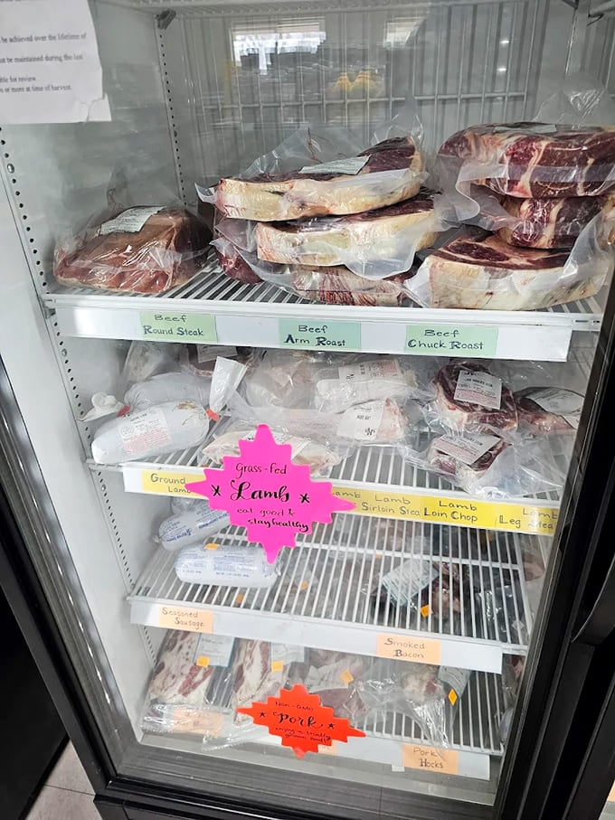 The meat case showcases cuts with clear labeling &ndash; a transparent approach to food that lets customers know exactly what they're bringing home.