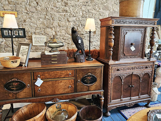 This antique furniture doesn't just fill space&mdash;it commands it, with carved details and warm wood tones that have mellowed through decades of use.