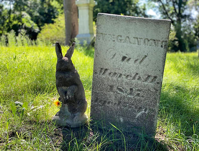 A small rabbit statue keeps eternal watch, adding a touch of whimsy to this solemn place and reminding us that love transcends species.