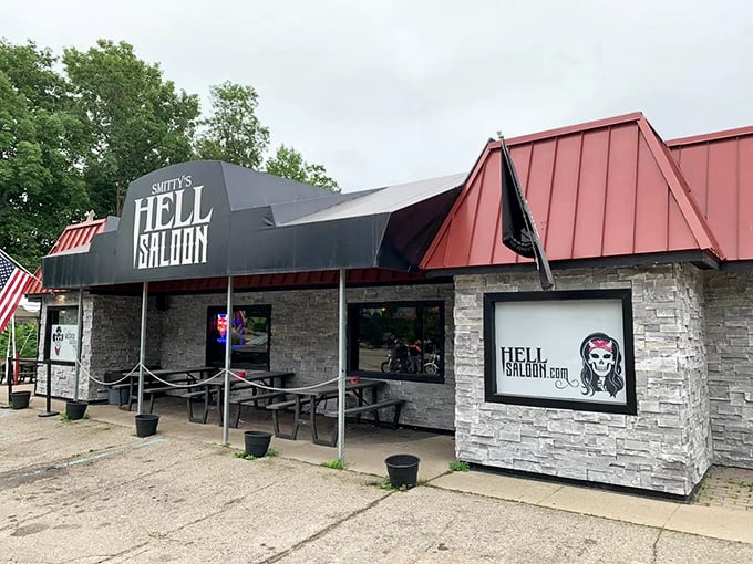 Smitty's Hell Saloon combines stone facade sophistication with playful branding, offering food and drinks in surprisingly upscale underworld digs.