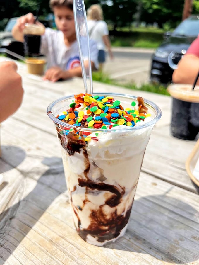 This isn't just a sundae &ndash; it's a celebration in a cup, where ice cream, chocolate, and rainbow sprinkles come together for a party.