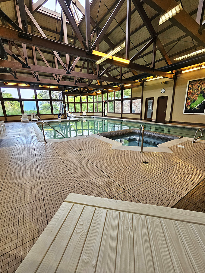 After conquering the mountain, this glass-enclosed oasis offers year-round swimming with views that bring the outdoors in, regardless of the weather outside.