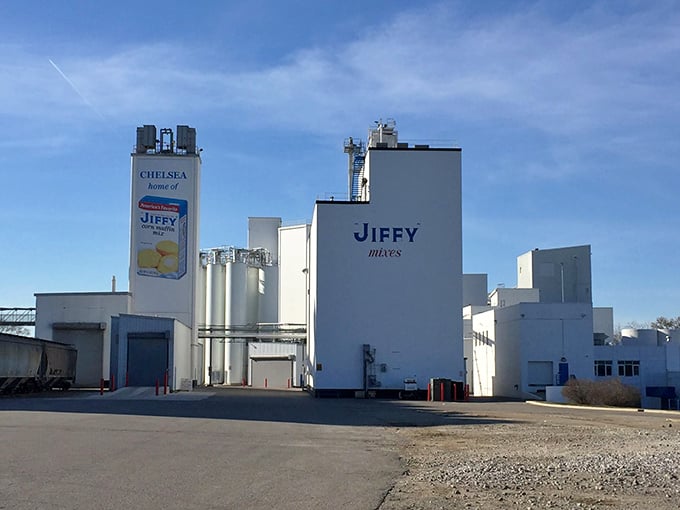 The Jiffy Mix factory stands as Chelsea's aromatic landmark, where those famous blue boxes begin their journey to America's pantries.