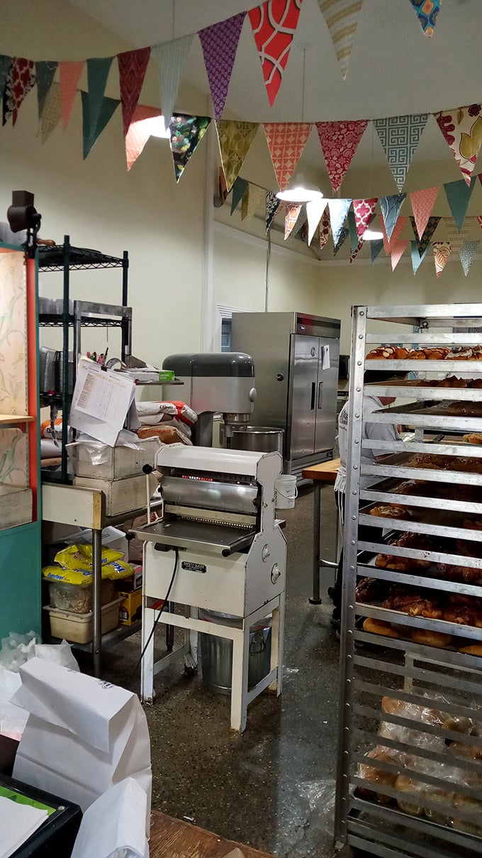 Behind the scenes where the magic happens, colorful bunting and serious baking equipment create treats that would make your grandmother nod approvingly and ask for seconds.