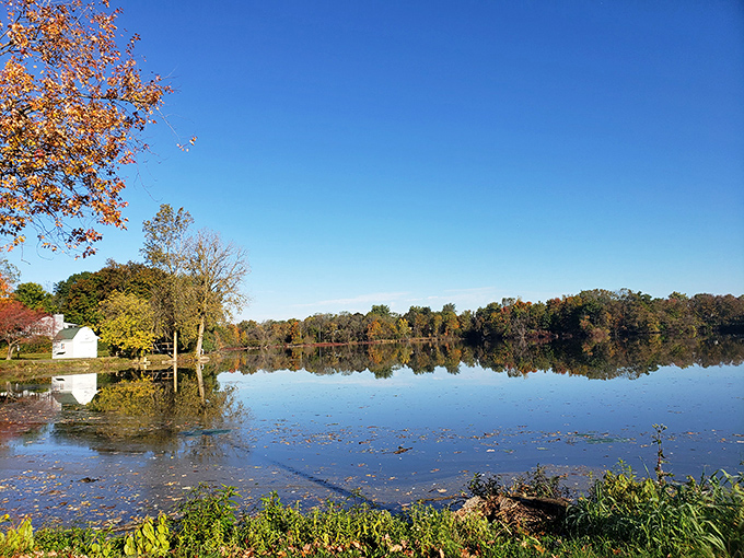 Mirror-like waters reflect autumn's paintbrush, creating the optical illusion that Mother Nature has doubled her seasonal artwork budget.