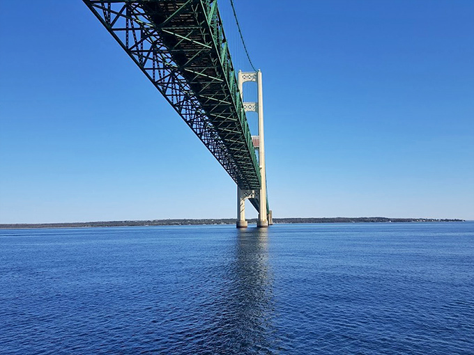 Looking up from below reveals the bridge's complex geometry, where every angle and support was calculated without modern computers.