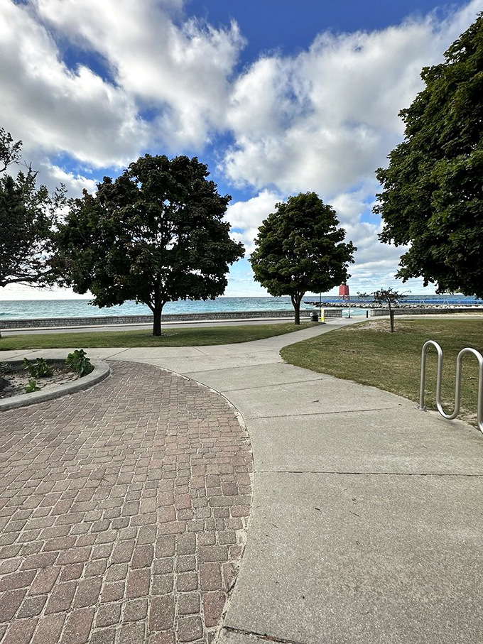 Urban planning perfection: thoughtfully designed walkways connect visitors to both natural beauty and community spaces at Michigan Beach Park.
