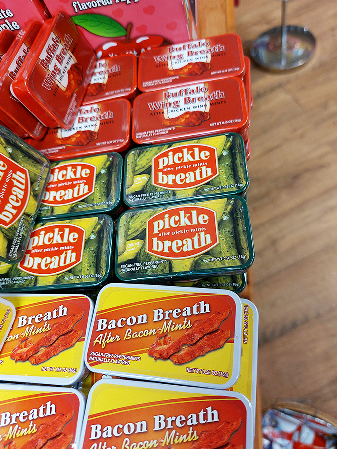 "Pickle Breath" mints sit alongside "Bacon Breath", because nothing says "I care about oral hygiene" like deliberately making your breath smell like breakfast.
