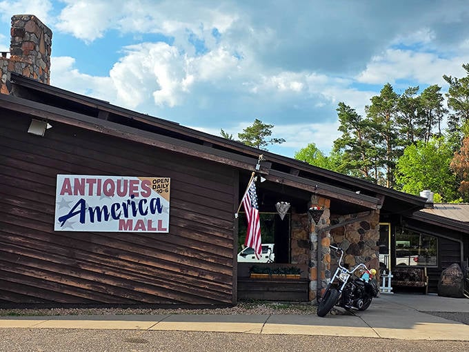 The exterior view showcases the mall's rustic charm against Minnesota's big sky – a roadside attraction that delivers far more than it promises.