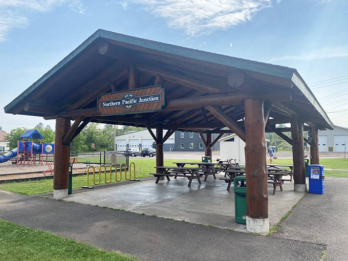 The Northern Pacific Junction pavilion provides shelter from sudden Minnesota weather changes, which can include all four seasons in a single afternoon.