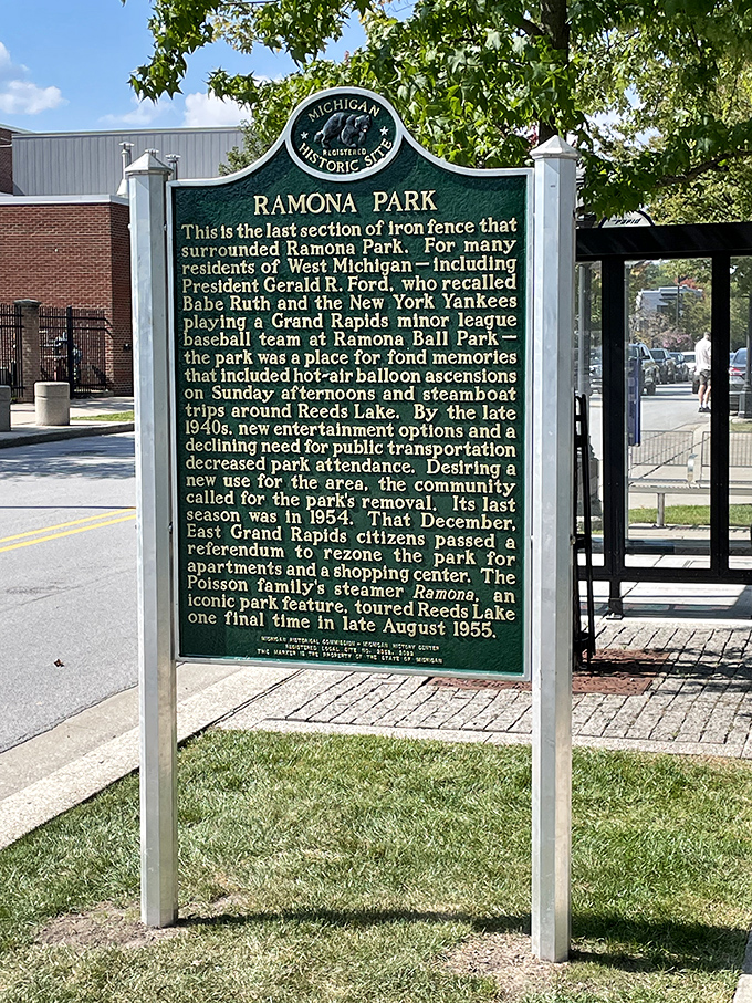 Ramona Park Historical Marker: Green plaques tell tales of bygone amusements, where steamboats and balloons once delighted generations of lake visitors.