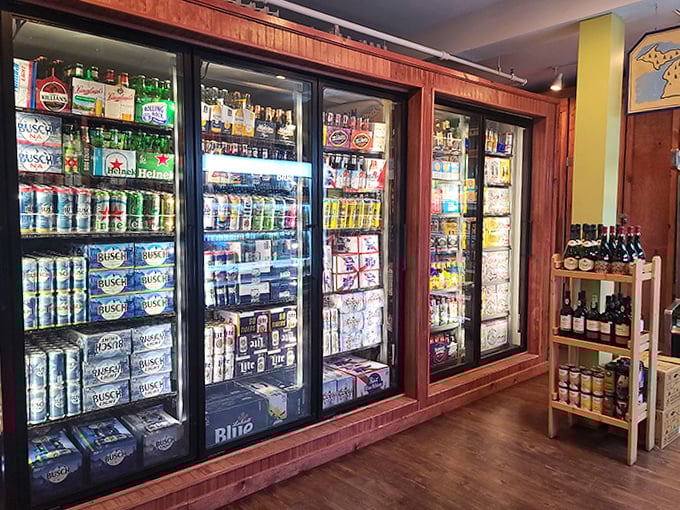 The beverage coolers stock everything from everyday refreshments to craft Michigan beers, ensuring no island sunset goes unaccompanied.