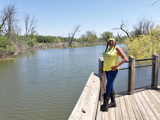 The river viewing platform offers a moment of tranquility, where visitors can pause and watch water's endless journey.