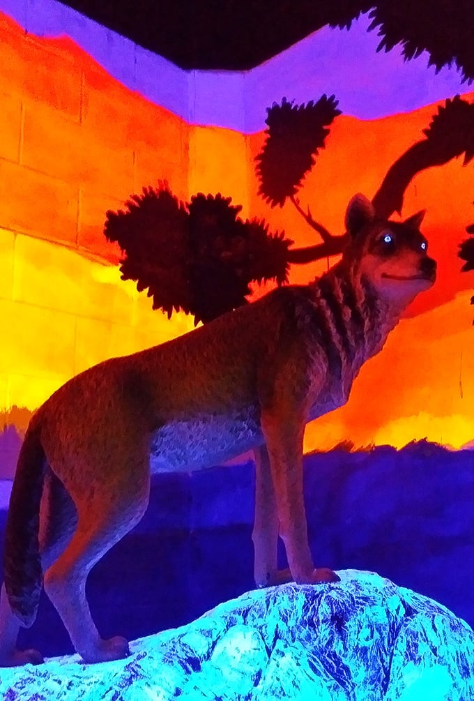 This neon coyote stands frozen mid-howl, its electric silhouette a surreal sentinel guarding the 7th hole.