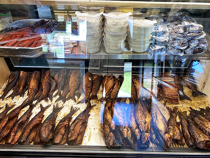 A glass case of golden treasures &ndash; each smoked delicacy representing generations of knowledge and the perfect marriage of fire and fish.
