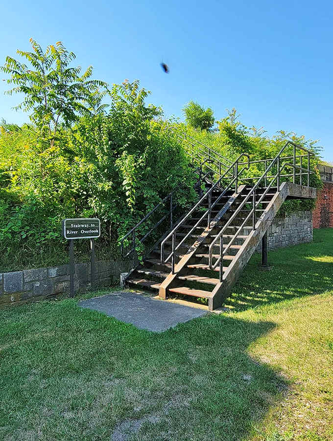 This stairway leads to a river overlook where you can contemplate the strategic importance of waterways while watching modern freighters cruise by like floating cities.
