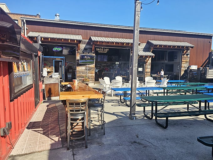 The Back Lot Beer Garden offers casual outdoor seating where friends gather to sample Michigan craft brews under open skies.