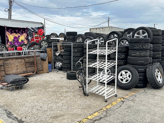Tire kingdom! One person's rubber graveyard is another's automotive treasure trove at this outdoor mechanical wonderland.