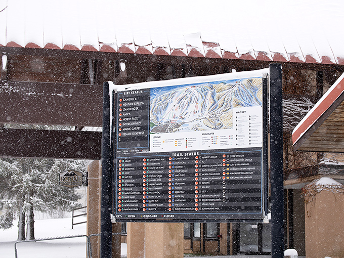 Information central: this trail status board helps visitors navigate their day of adventure, whether seeking black diamonds or bunny slopes.