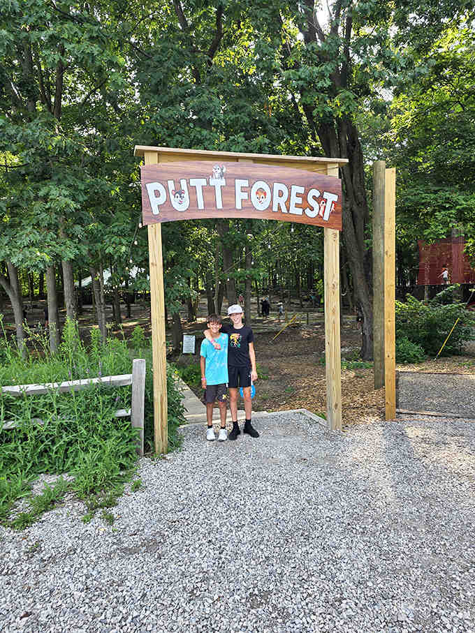 The Putt Forest entrance welcomes mini-golfers to a woodland putting adventure unlike any typical course.