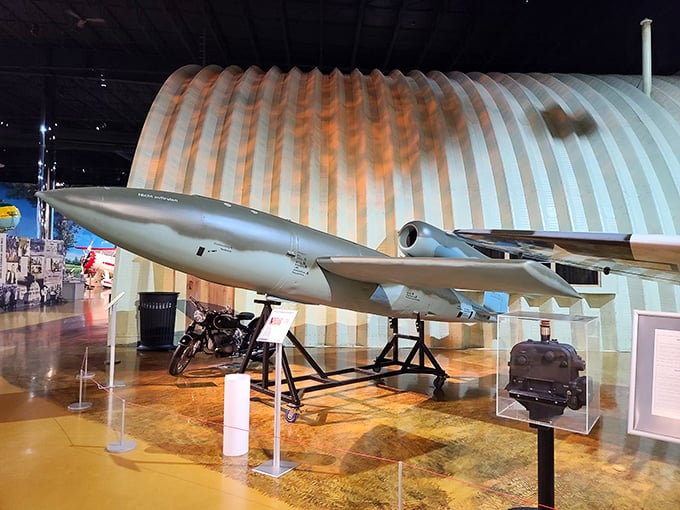 The V-1 "buzz bomb" &ndash; an early cruise missile whose distinctive sound terrorized London during WWII, proving innovation sometimes takes dark turns.