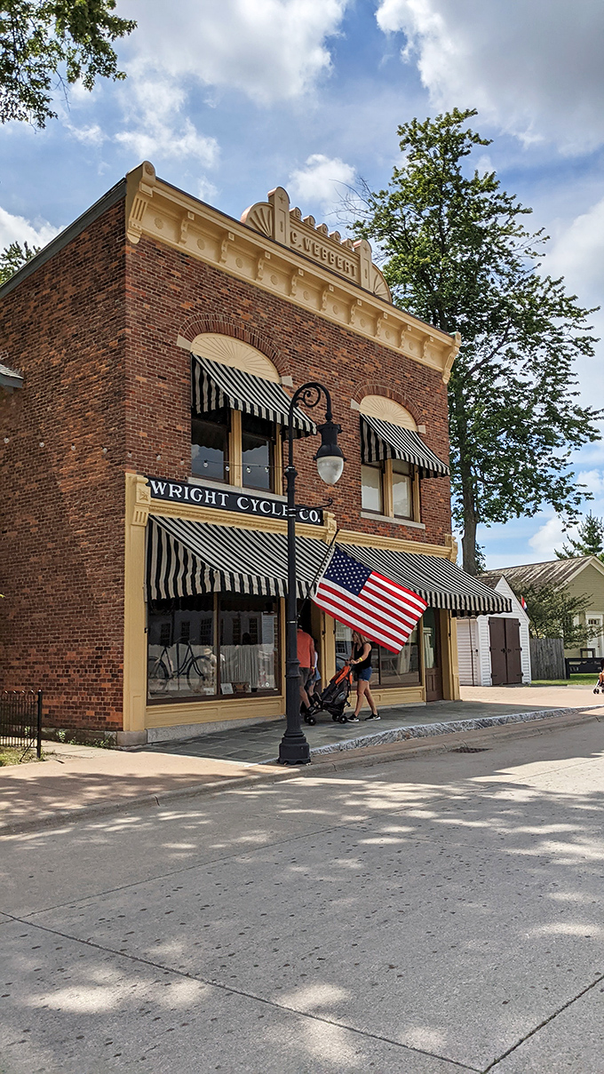 The Wright Cycle Company building represents the humble beginnings of aviation pioneers whose bicycle shop launched humanity's journey to the skies.