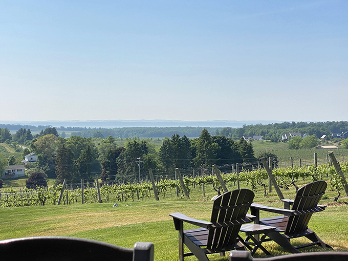 Adirondack chairs positioned for maximum relaxation &ndash; the perfect spot to contemplate life with a glass of Riesling in hand.