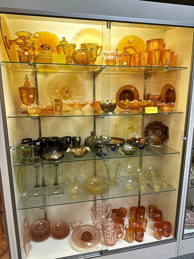 Carnival and Depression glass catches light like edible rainbows, proving that even during hard times, people found ways to bring beauty to their tables.